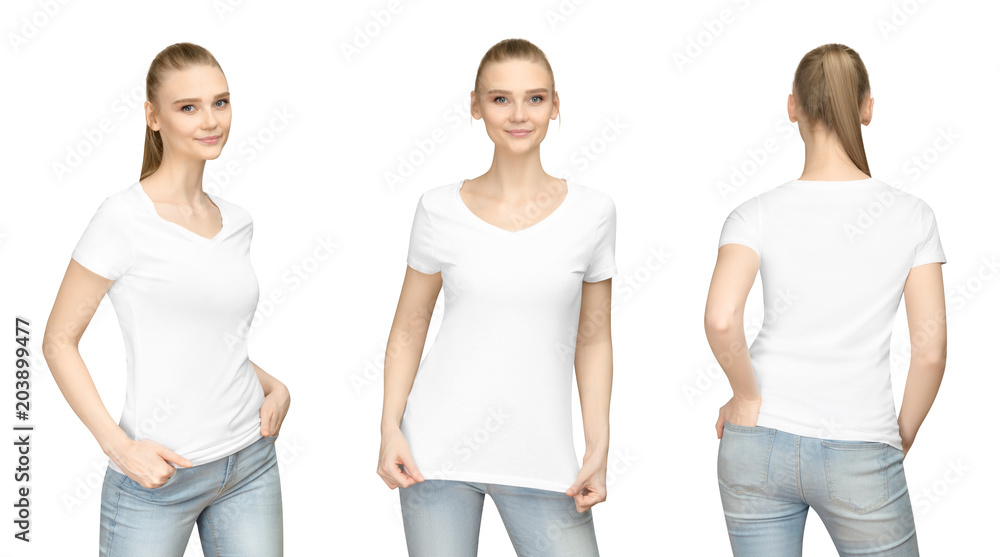 Set promo pose girl in blank white tshirt mockup design for print and ...