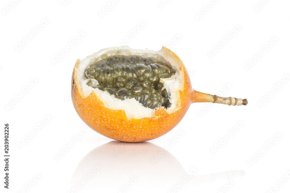 Split giant grenadilla isolated on white background one sweet yellow ...