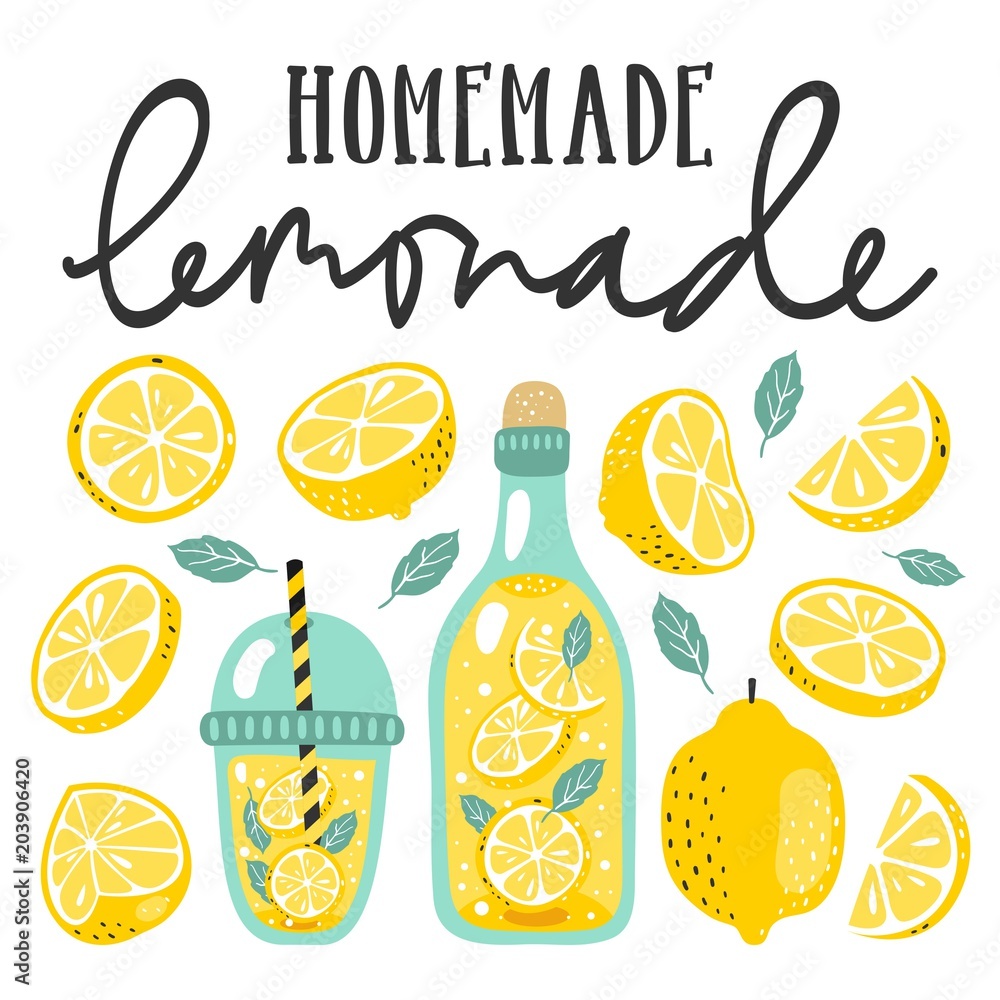 Summer set with lemonade and it's ingredients. Lemon, lemon slice, mint ...