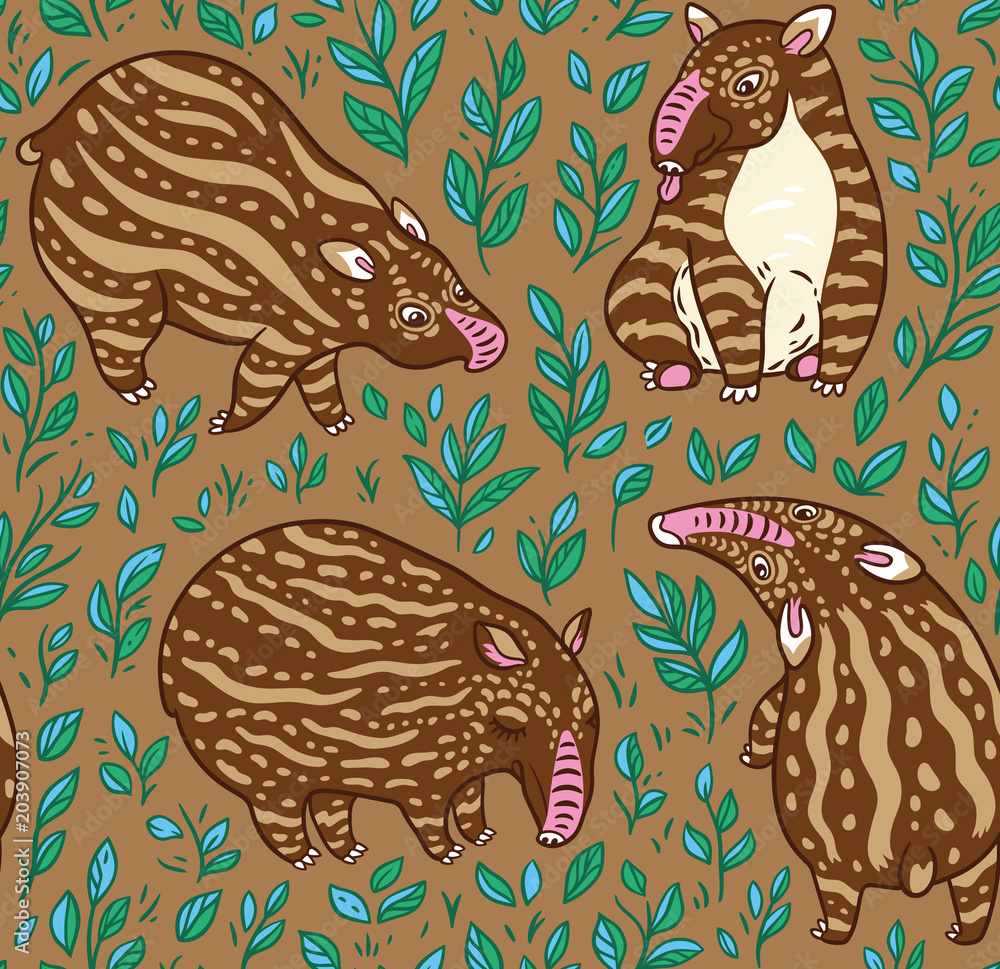 Cartoon tapirs seamless pattern. Brown tapirs with light stripes in the ...