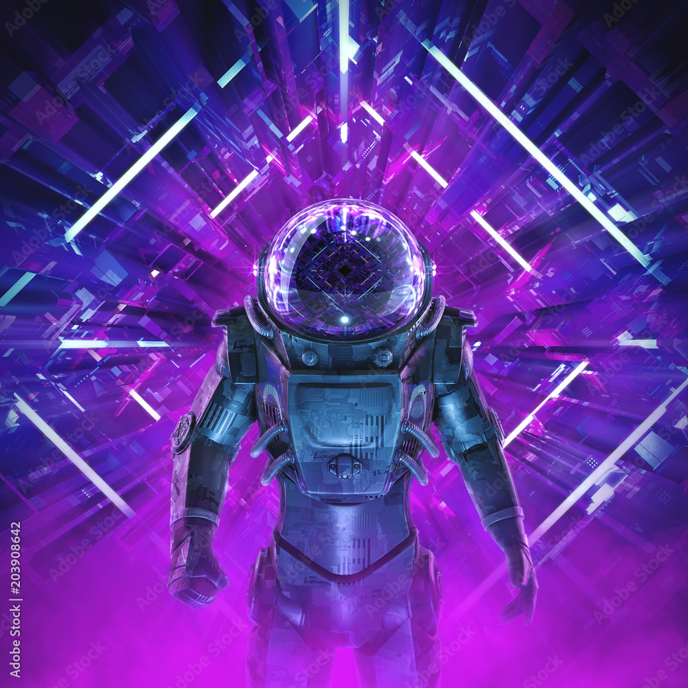 Entering the unknown / 3D illustration of science fiction scene showing ...