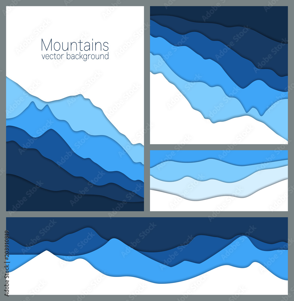 Blue mountains backgrounds in paper cut style. Set of abstract layered ...