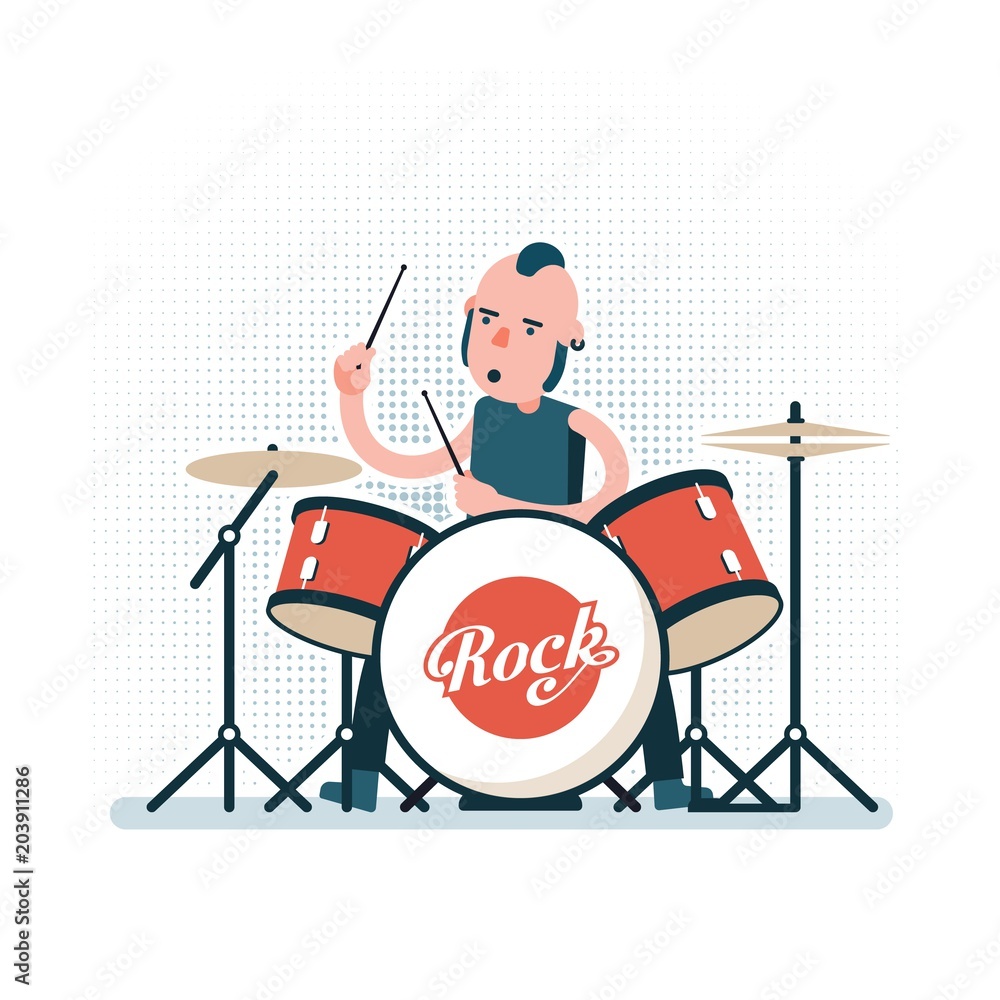 Cartoon rock drummer playing on drum set. Illustration in flat style ...