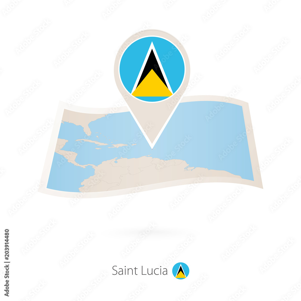 Folded paper map of Saint Lucia with flag pin of Saint Lucia. Stock ...