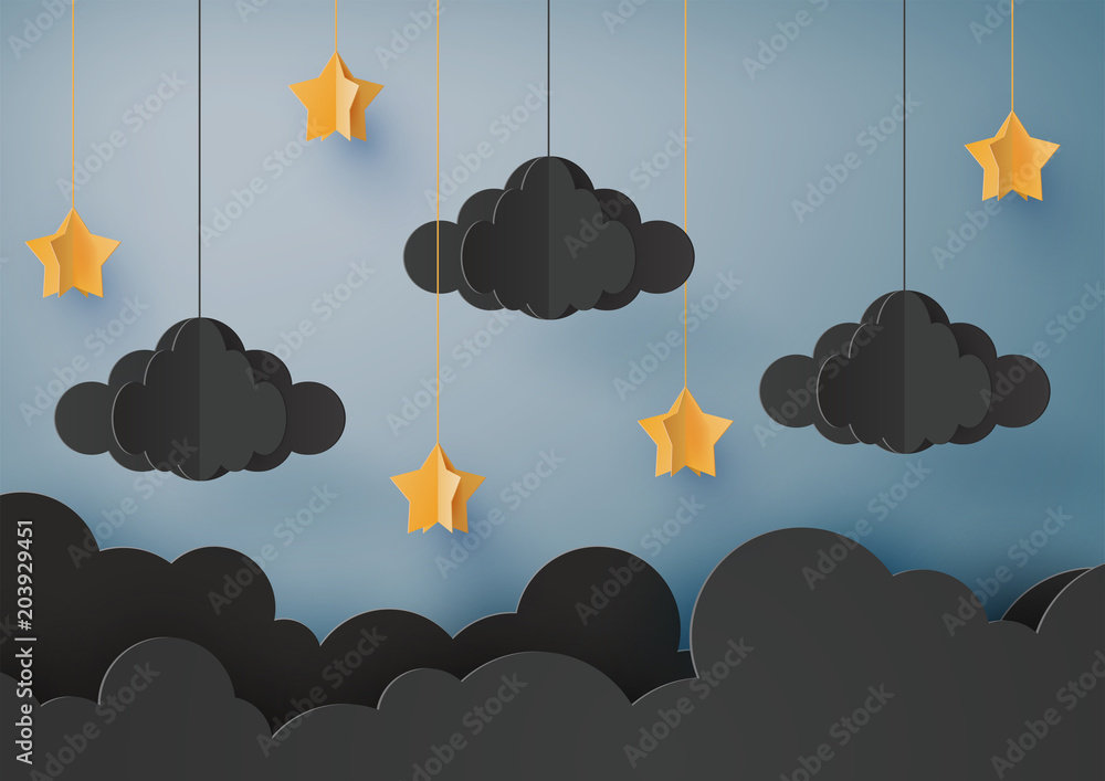 Paper art of beautiful night with origami clouds,star and moon.Vector ...