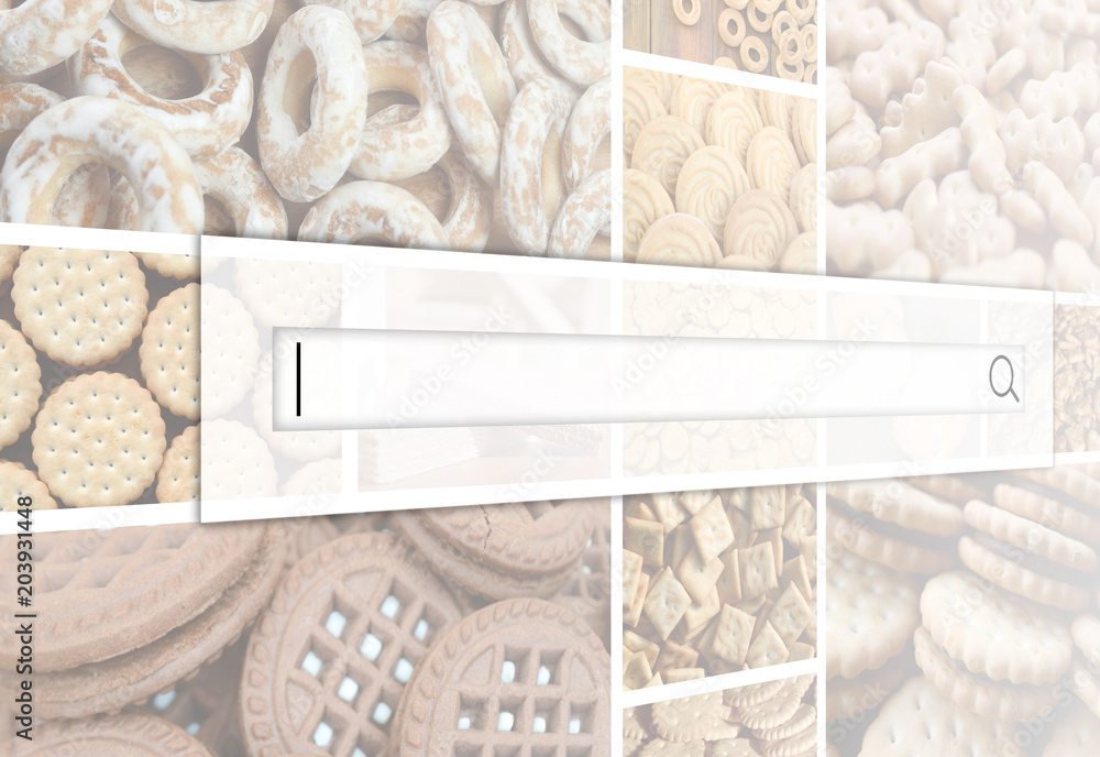 Visualization of the search bar on the background of a collage of many pictures with various ...