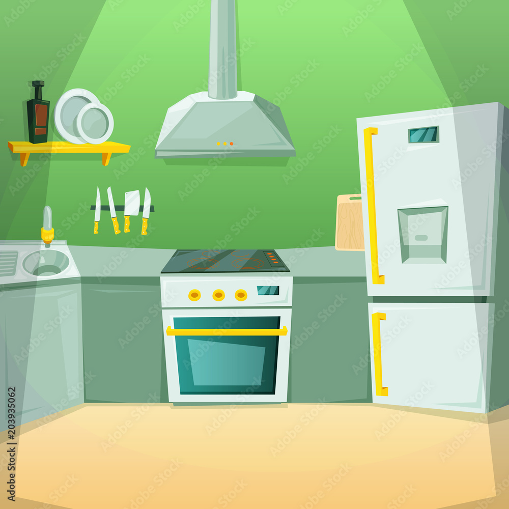 Cartoon pictures of kitchen interior with different furniture items ...