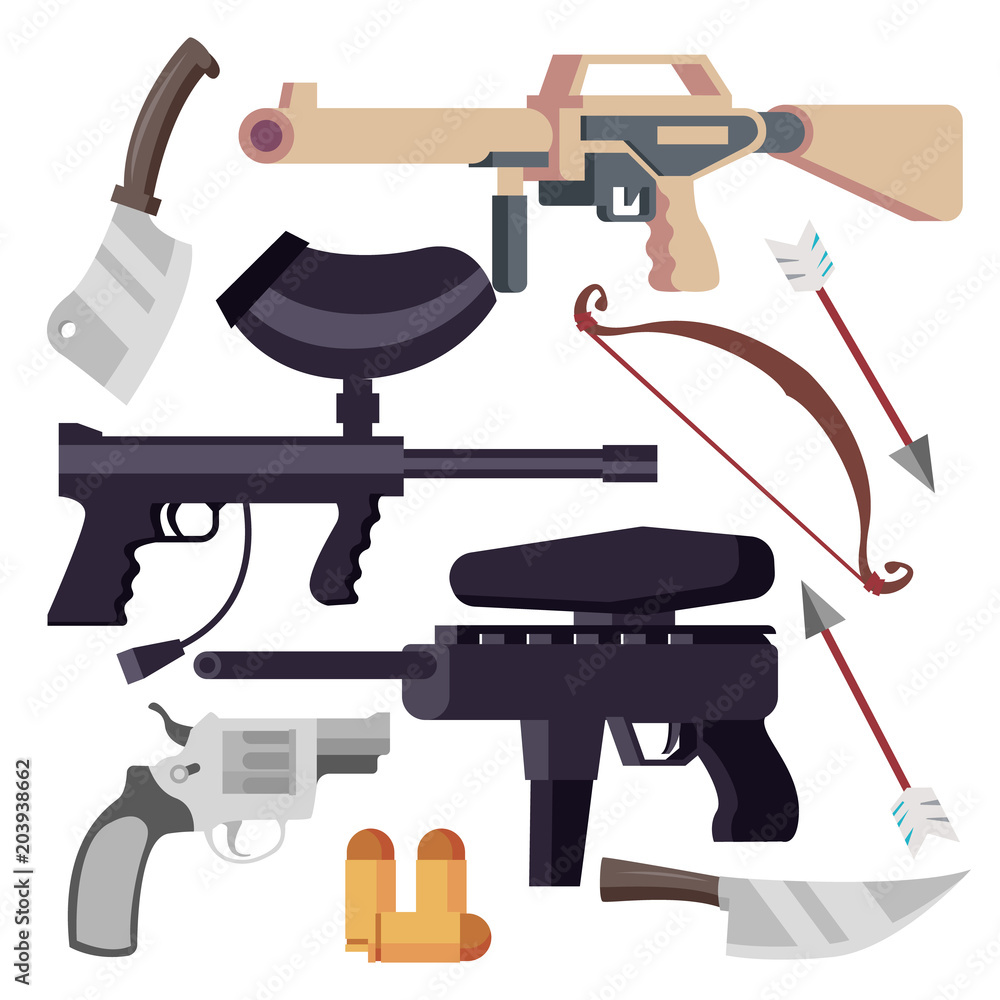 Weapon Set Vector. Weapons Icons. Pistol, Shotgun, Knife, Bow. Cartoon ...
