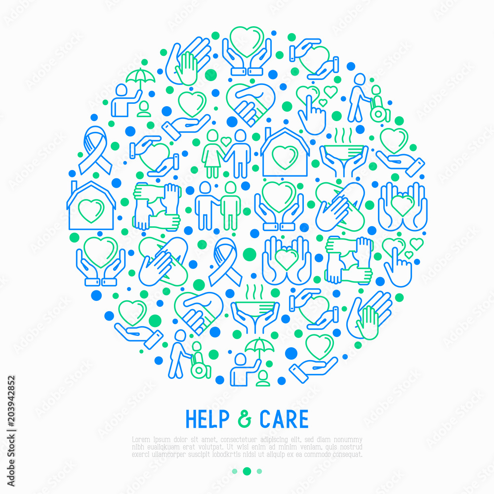 Help and care concept in circle with thin line icons: symbols of ...