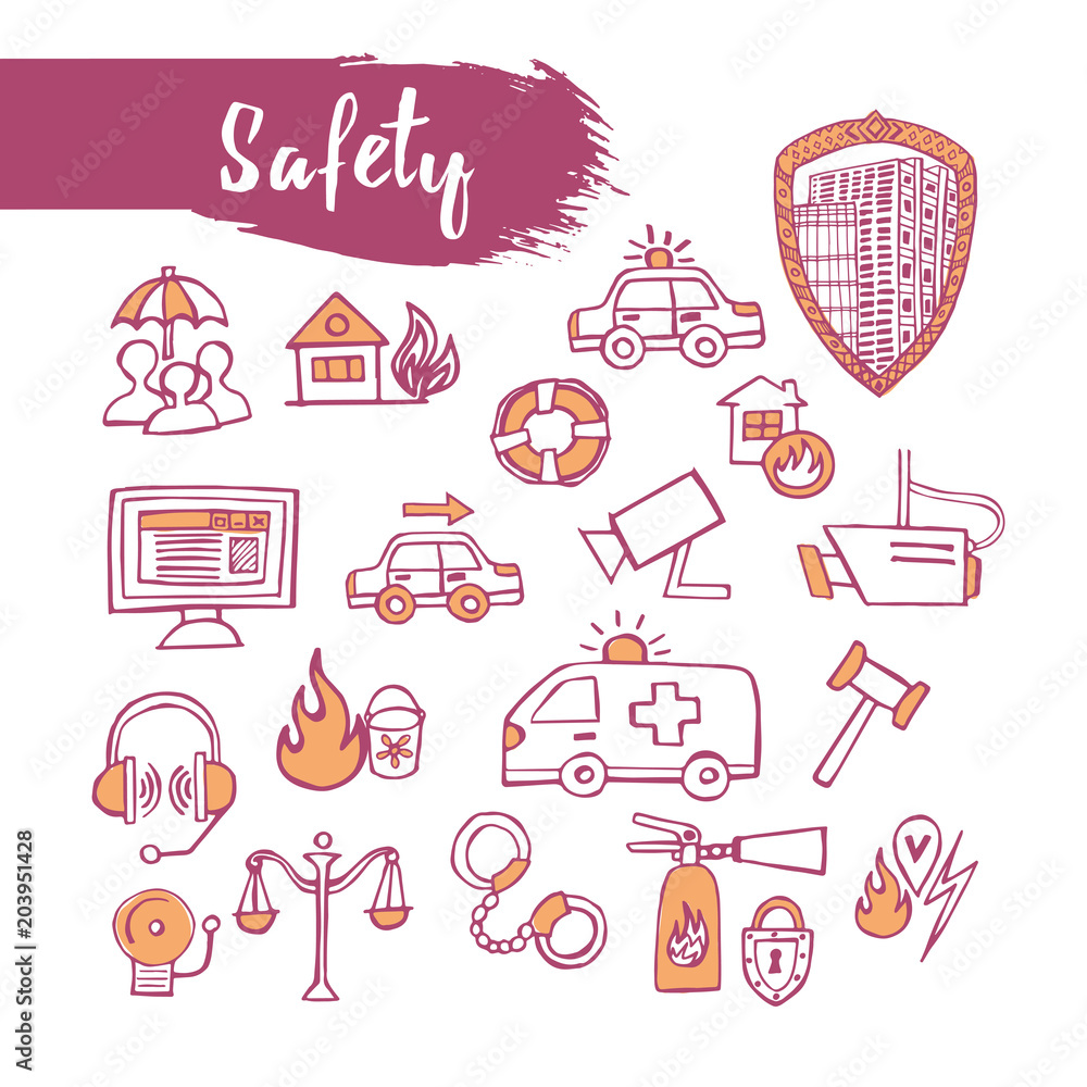 Outline sketched icons set safety theme. Line art. Pencil drawing ...