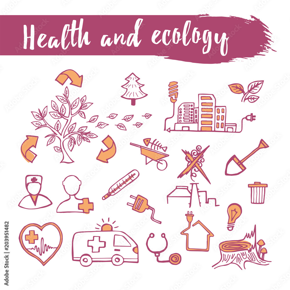 Outline sketched icons set health and ecology theme. Line art. Pencil ...