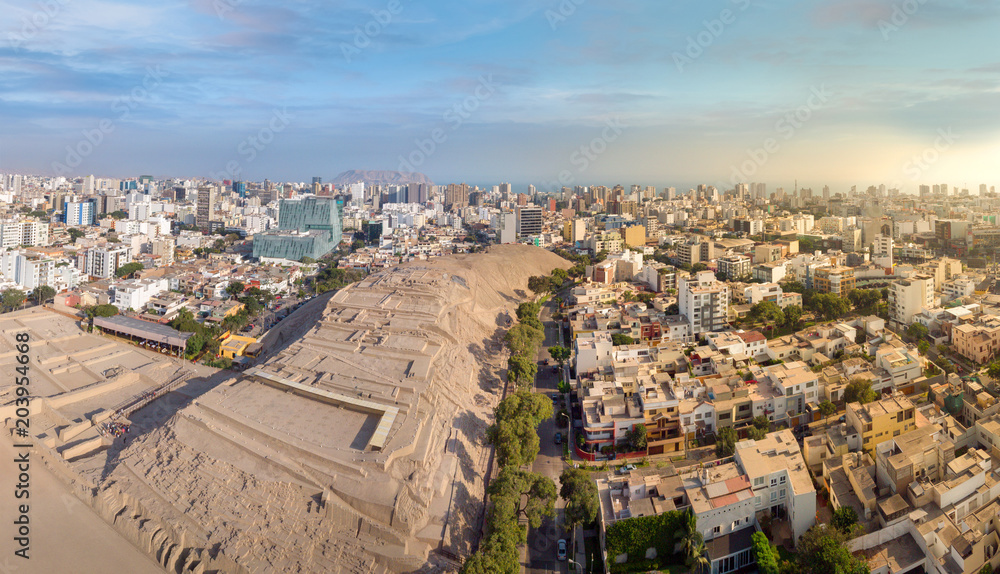 Aerial view of the Huaca Pucllana archeological complex and Miraflores ...