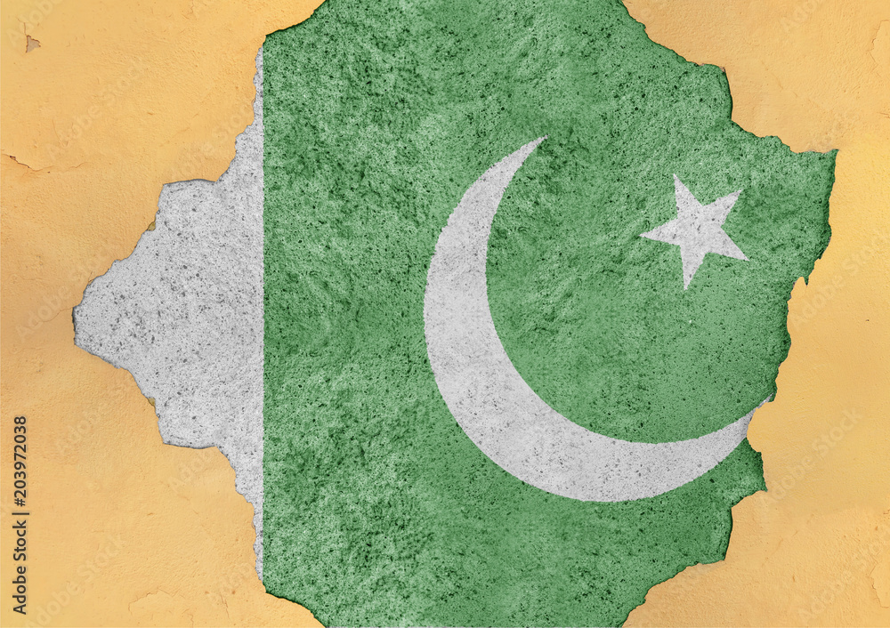 Pakistan flag in big concrete cracked hole and broken material facade ...