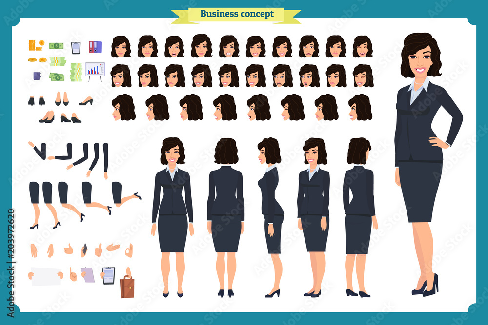 Set of Businesswoman character design.Front, side, back view animated ...