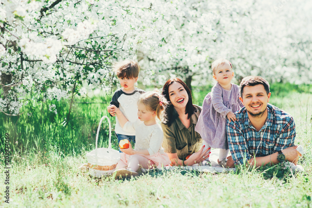 Large Happy big family mom dad and children daughters and son having ...