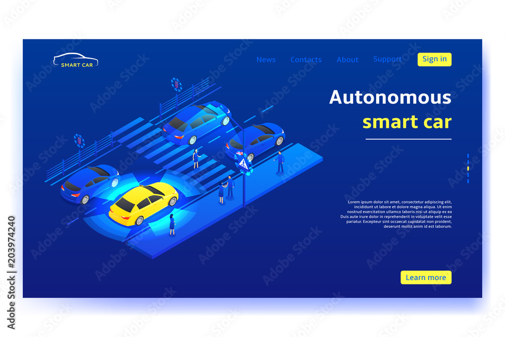 Autonomous smart car concept banner. Smart car scans road, signs ...
