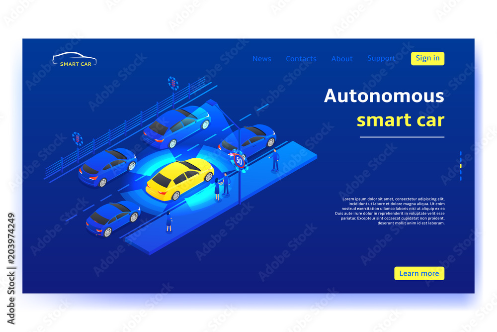 Concept banner with autonomous smart car. Smart car moves on road and ...