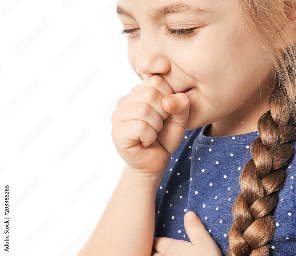 Little girl coughing on white background Stock Photo | Adobe Stock