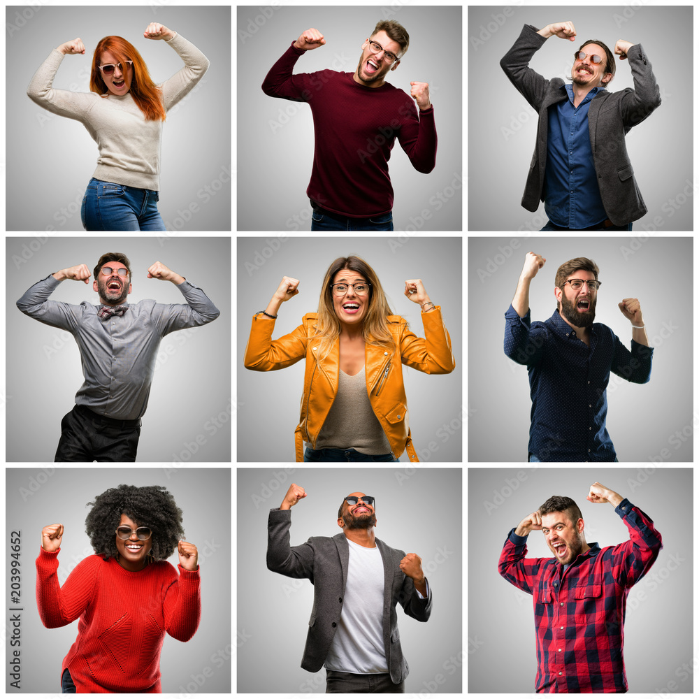 Group of mixed people, women and men happy and excited celebrating ...