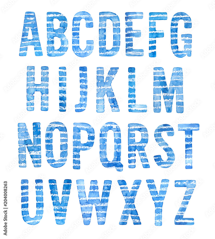 Hand drawn watercolor alphabet set on sea theme. Blue gradient colour ...