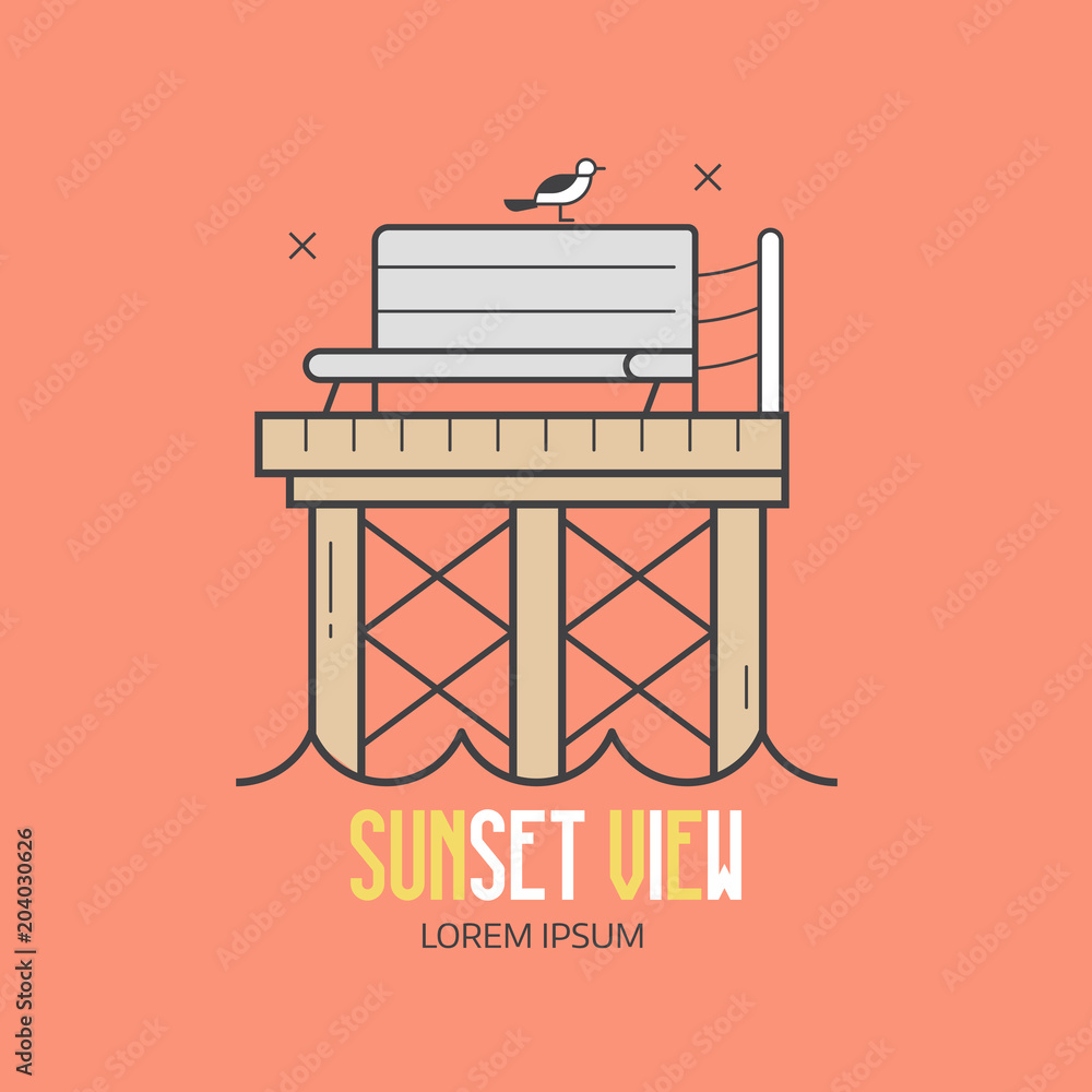 Sea pier logo or label template in line art style. Wooden jetty ...