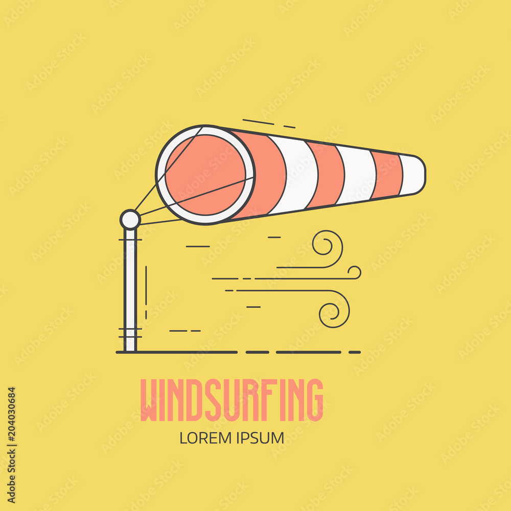 Windsurfing logo with inflated striped windsock on airport runway. Wind ...