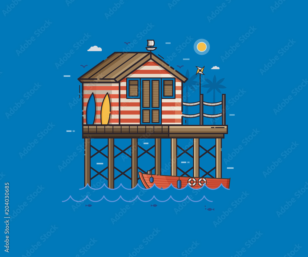 Sea side landscape with red stilt house and boat. Beach pier home ...