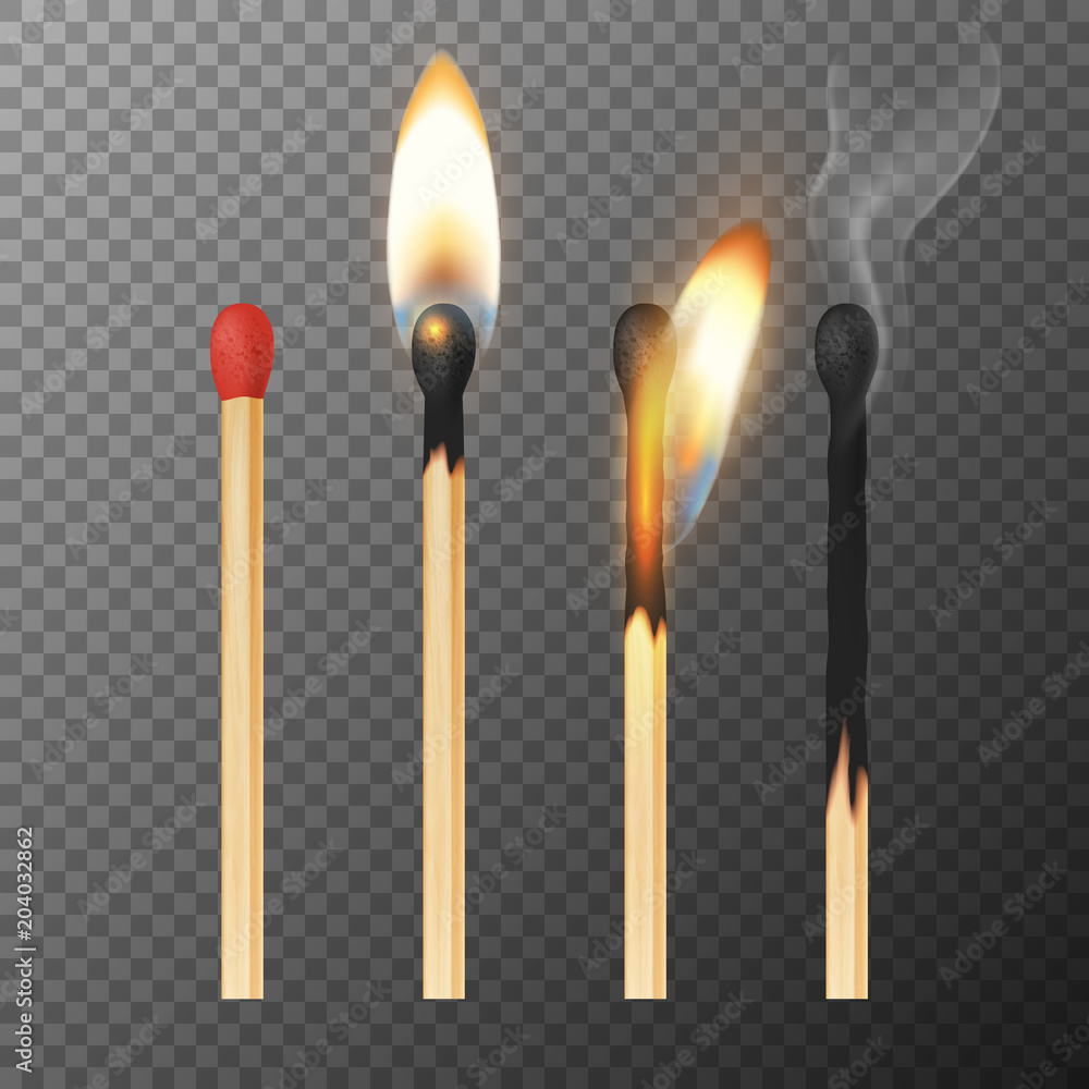 Vector 3d realistic match stick icon set, closeup isolated on ...