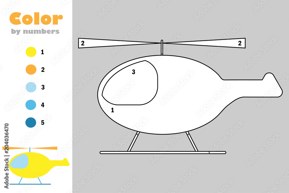 Helicopter in cartoon style, color by number, education paper game for ...