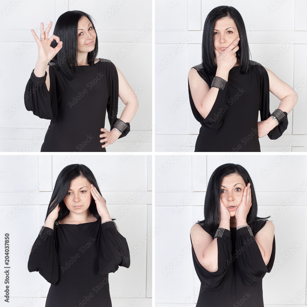 Emotions. Sign language. Woman in black dress shows off a different ...