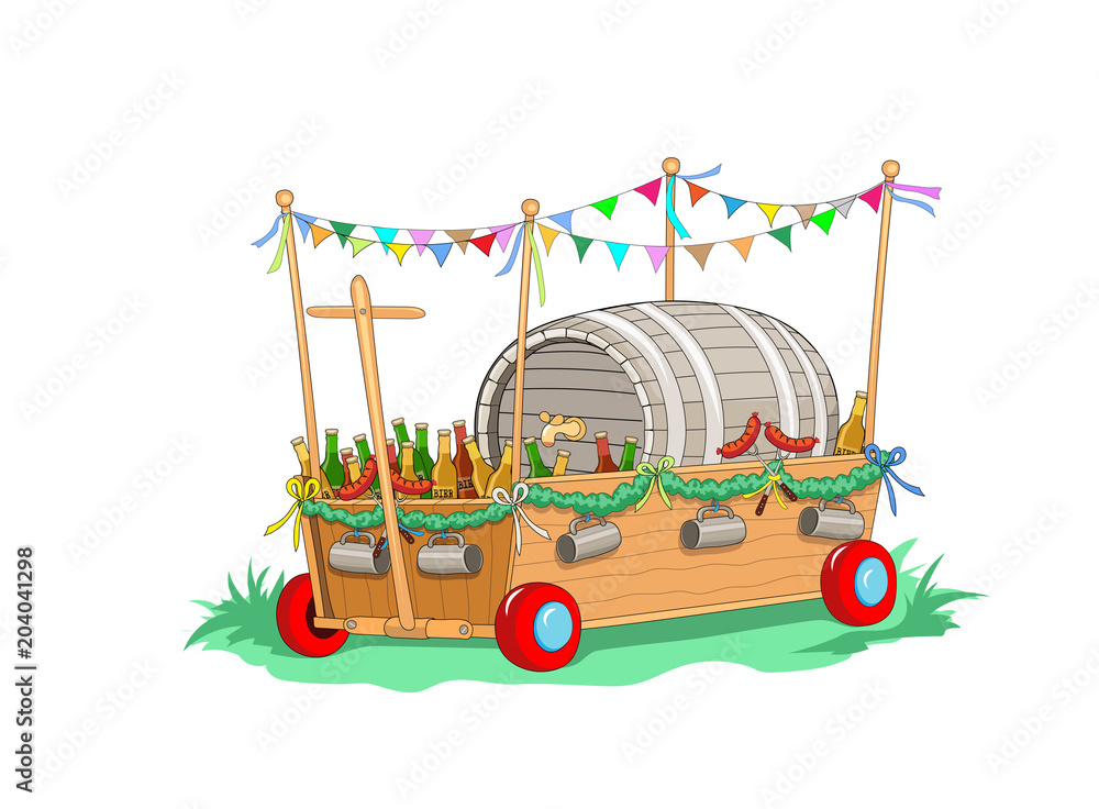 Grußkarte zum Vatertag, Geschmückter Bollerwagen mit Bierfass ...