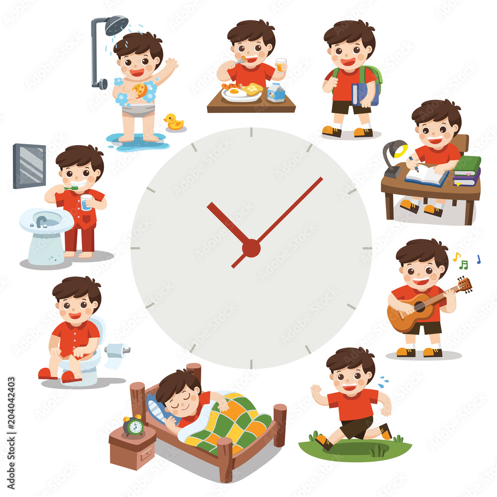 Day time. A Cute Boy in different situations. Daily routine with red ...
