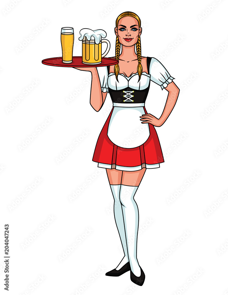 Vector colorful cartoon style illustration of a pretty waitress with a ...