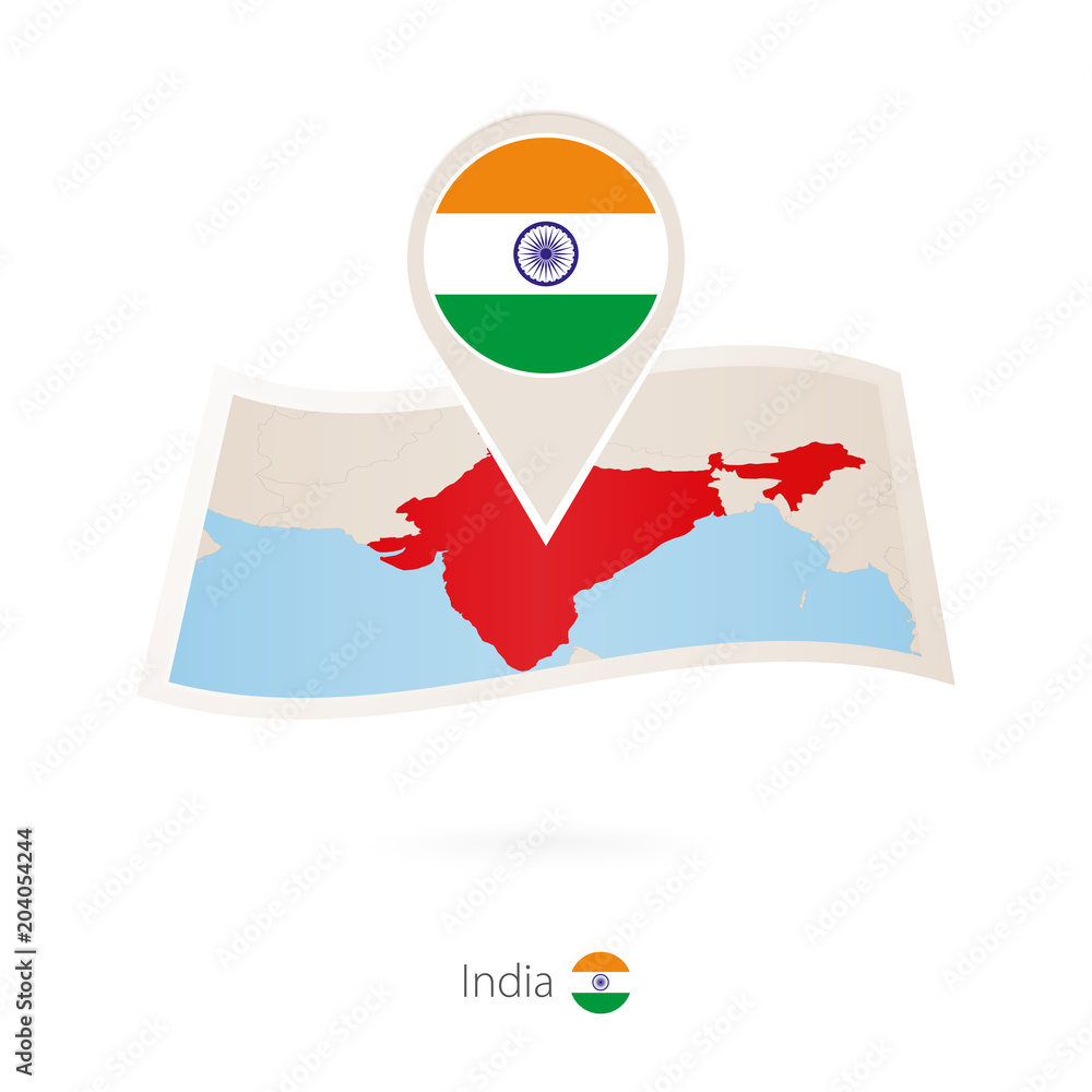 Folded paper map of India with flag pin of India. Stock Vector | Adobe ...