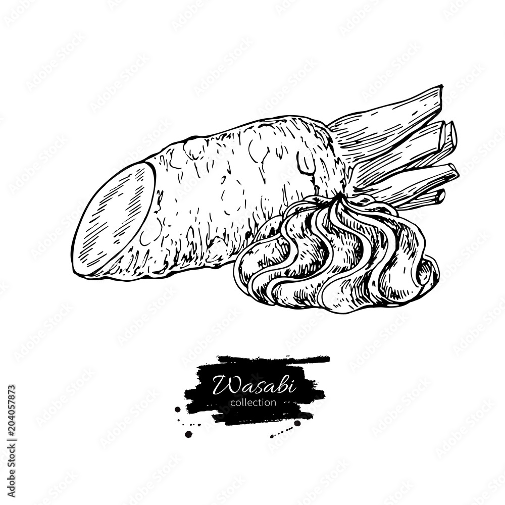 Vecteur Stock Wasabi root slice with sauce spill vector drawing. Hand ...