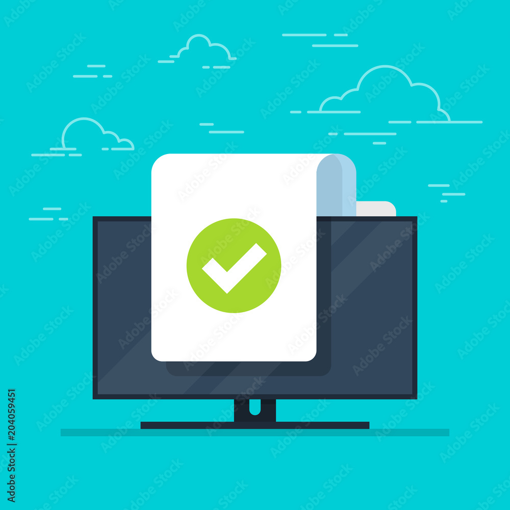 Document and checkmark vector icon on monitor background. Concept or ...