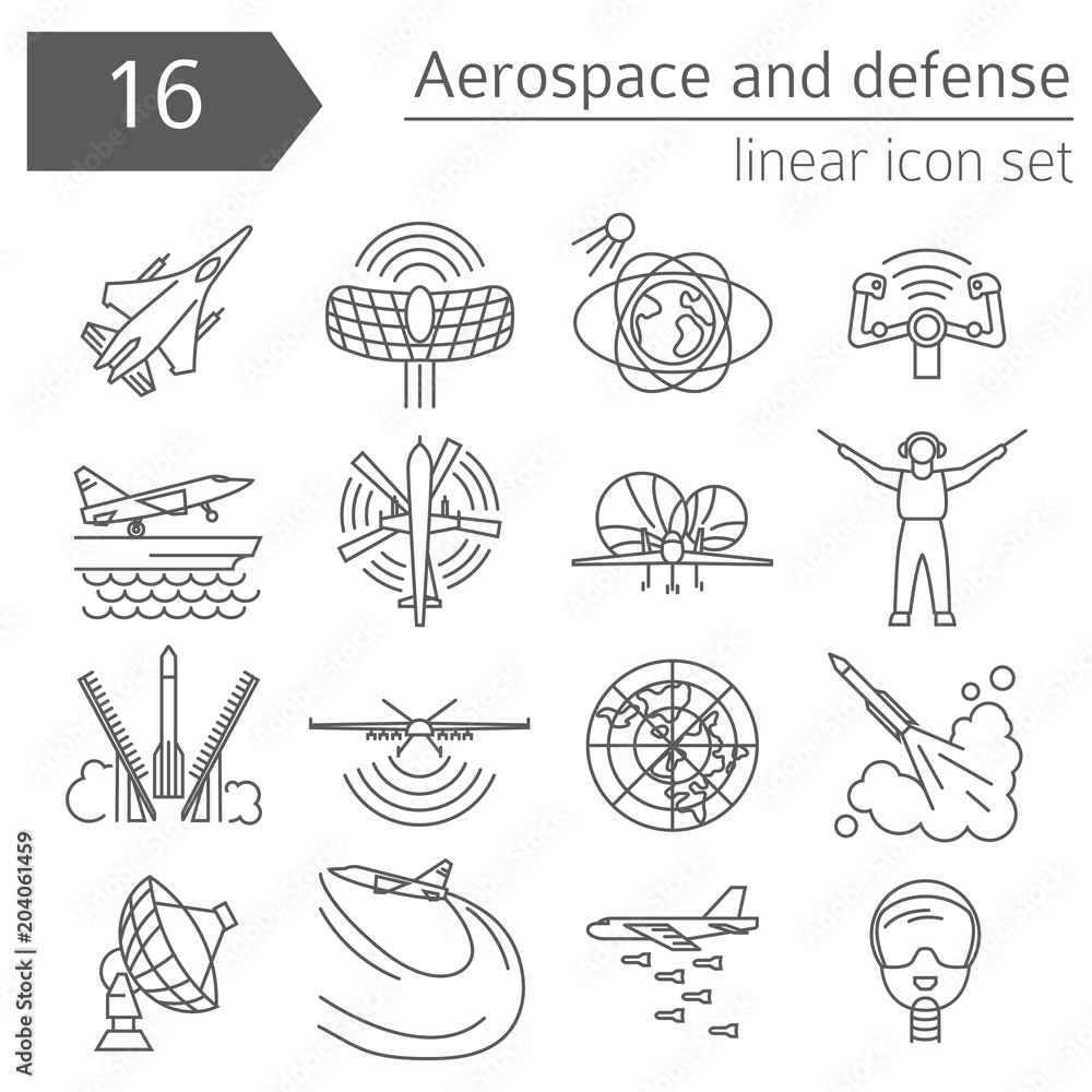 Aerospace and defense, military aircraft icon set. Thin line design for ...