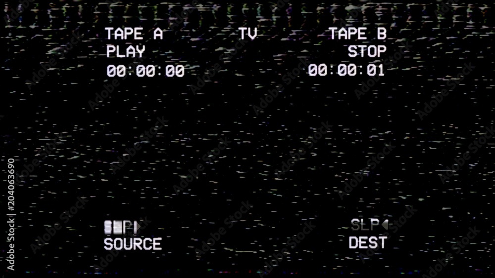 A black old damaged VHS tape sceen tracking a noisy bad signal from a ...