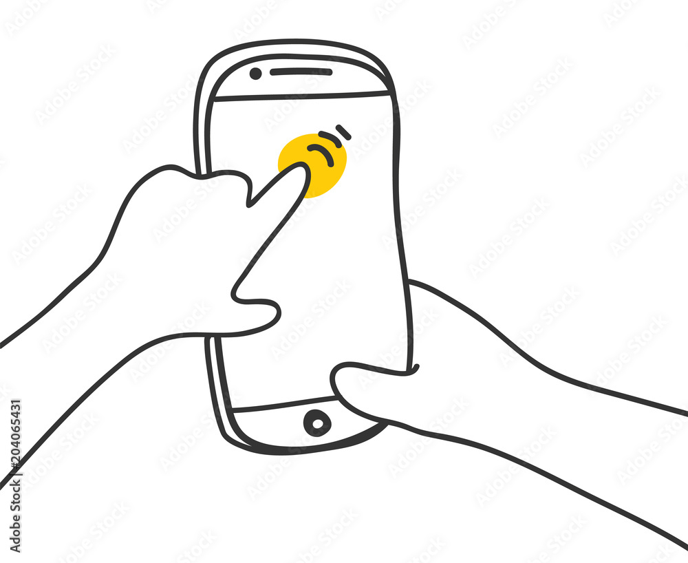 Hand touching phone screen Scrolls on the screen of a mobile phone. Scrolling tap smartphone ...