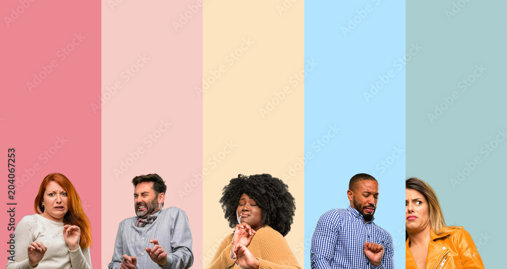 Cool group of people, woman and man disgusted and angry, keeping hands ...