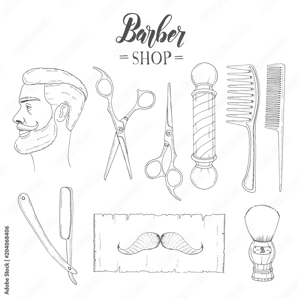 Hand drawn Barber Shop set in sketch style. Razor, scissors, shaving ...