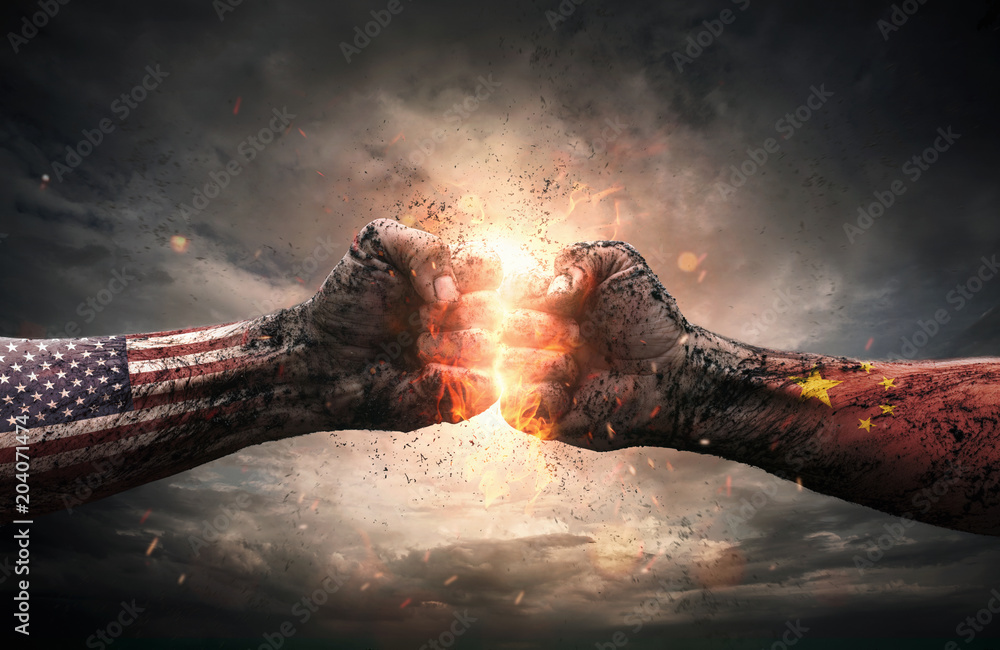 Conflict, close up of two fists hitting each other over dramatic ...