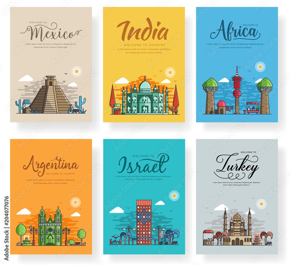 Set of outline different cities for travel destinations. Landmarks ...