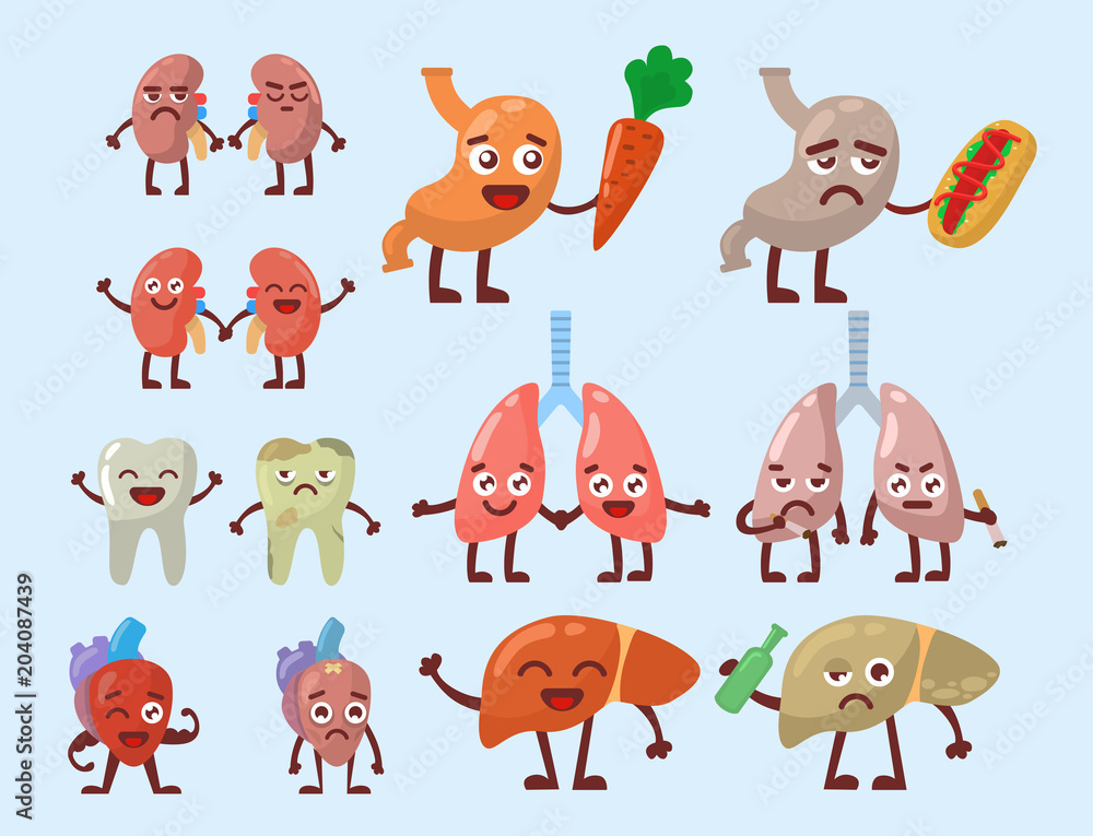 Human organs healthy and unhealthy anatomic funny cartoon character ...