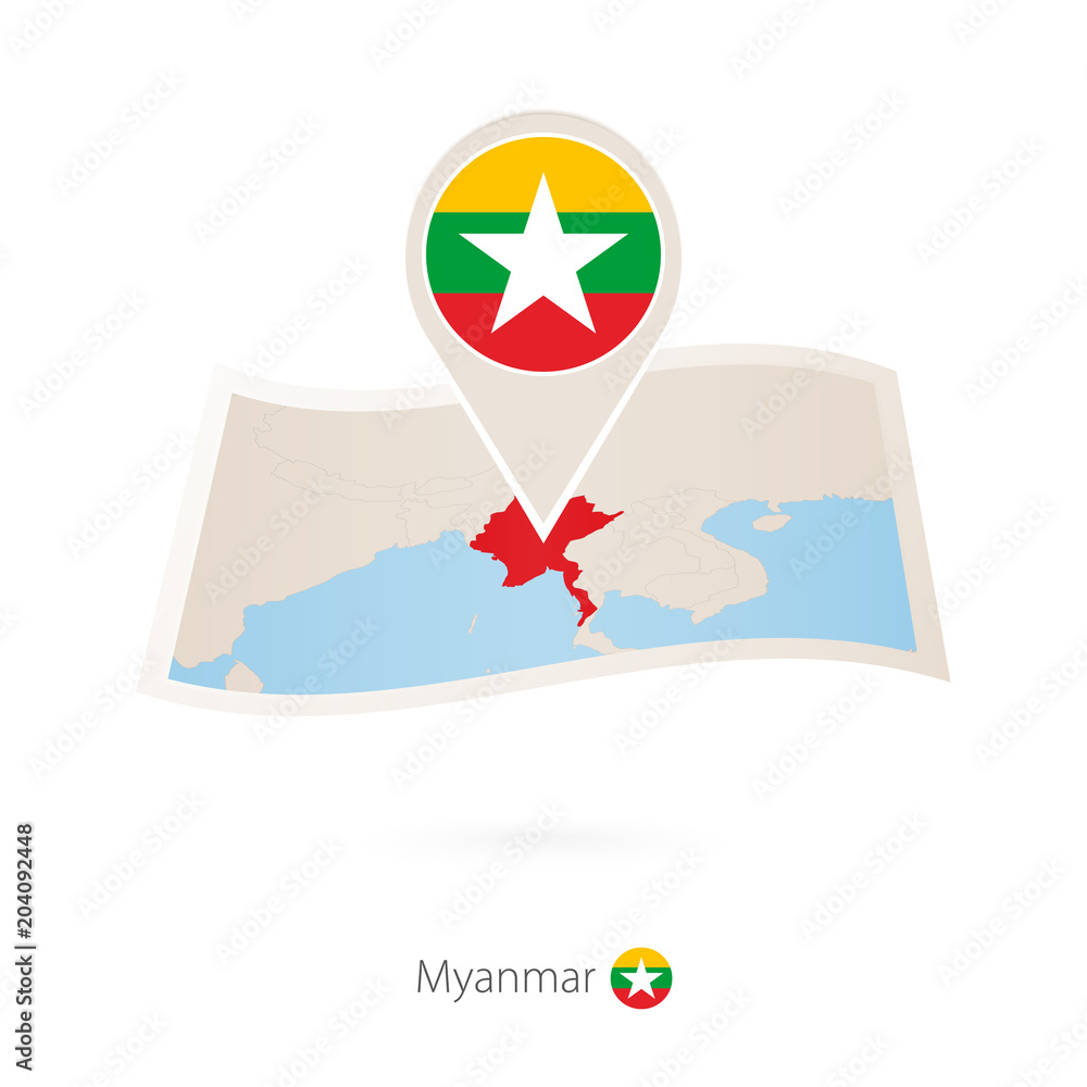Folded paper map of Myanmar with flag pin of Myanmar. Stock Vector ...