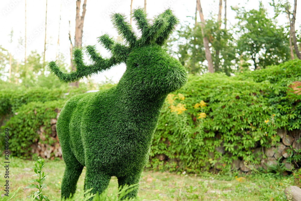 Figure of deer made of green lawn grass in the park, free space. Green ...