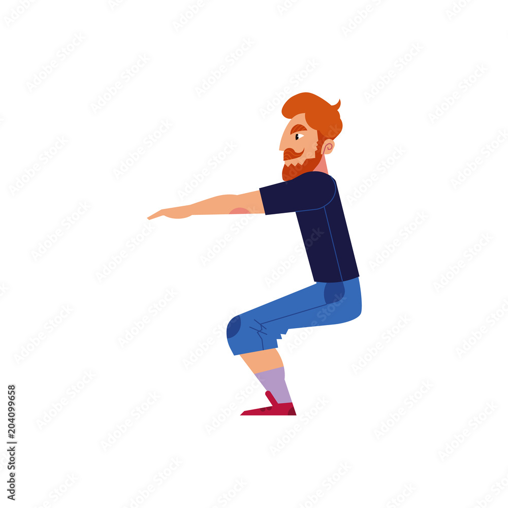 Young man doing exercises and squats isolated on white background ...