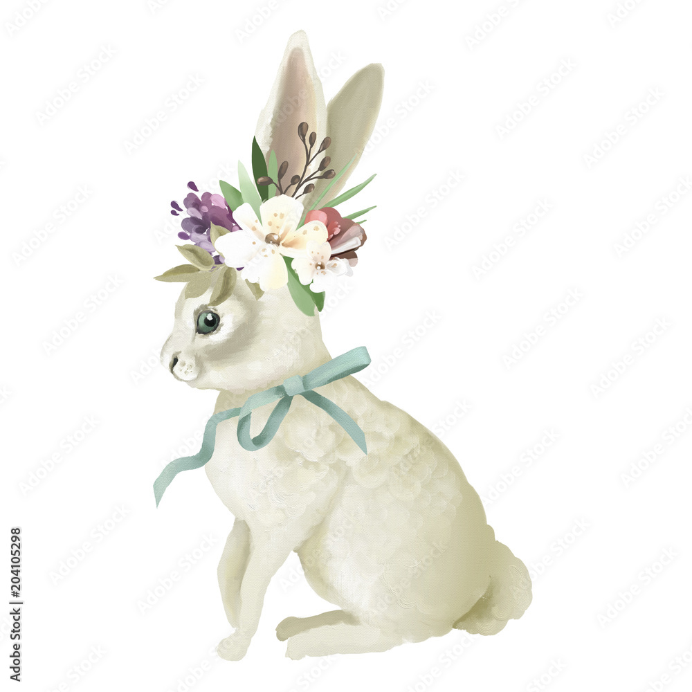 Cute bunny, hand painted oil textured white bunny with floral wreath ...