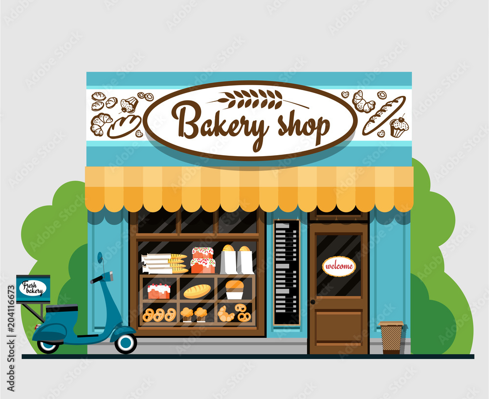 Bakery shop. Bakery shop in flat style. The facade of a bakery shop ...