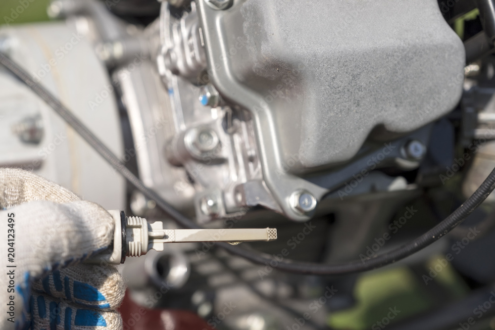 Check the oil level in the engine on the oil probe. Stock Photo | Adobe ...